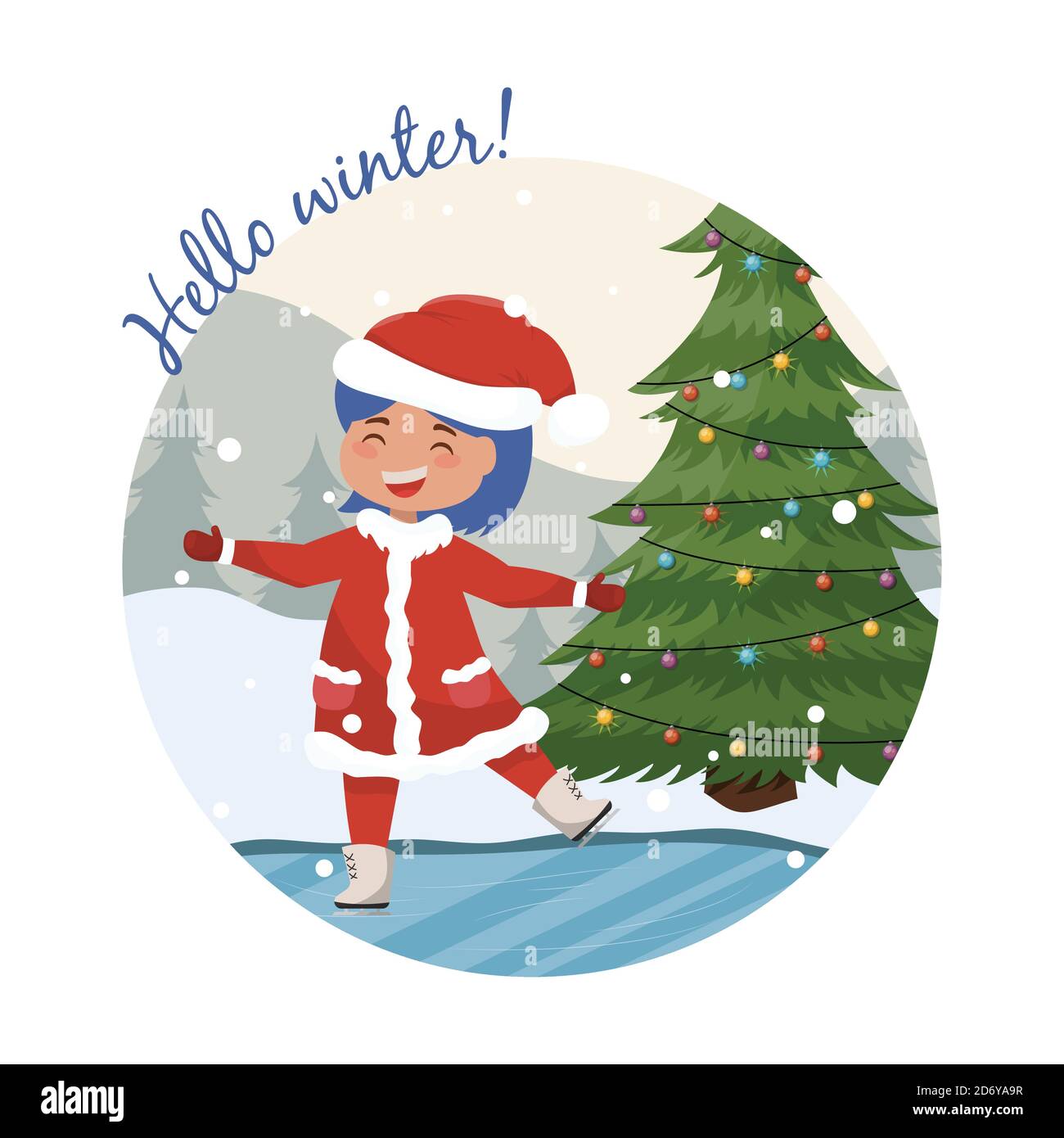 Cute girl ice skating cartoon Christmas illustration with inspirational ...