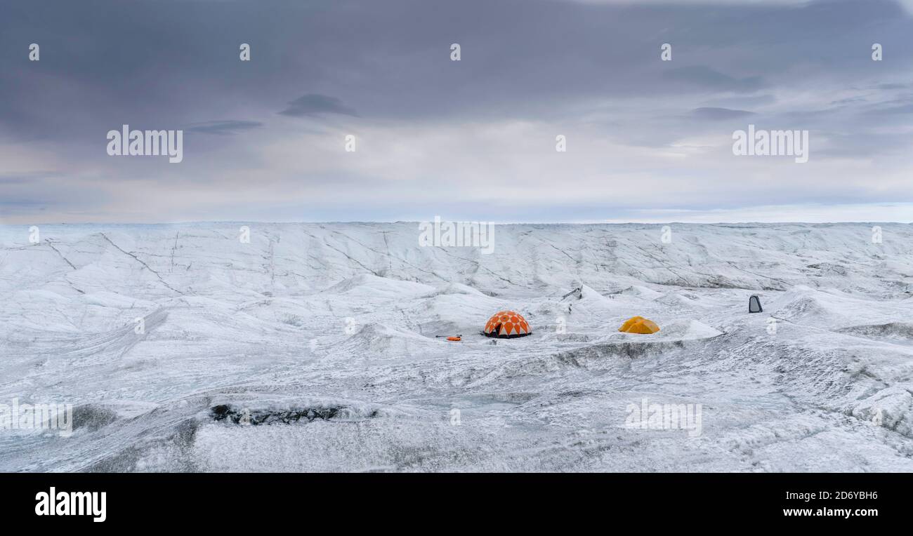 Camp on the ice cap. Landscape on the Greenland Ice Sheet near ...