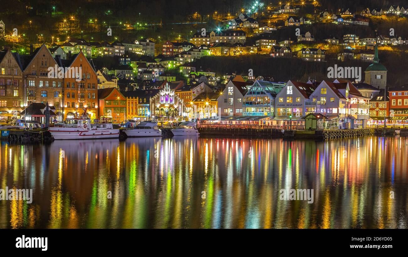 Bergen, Norway- 12 December 2015: View of the city center, Floyen hill ...