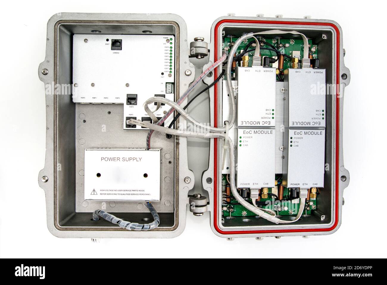 CATV system hanging on black optical fiber cables for amplify TV ...