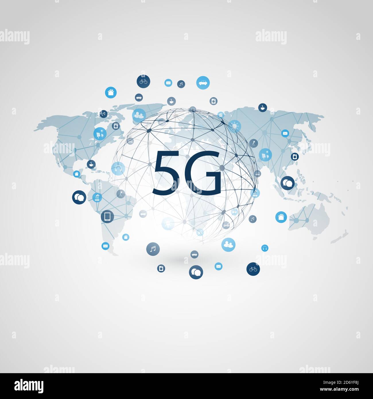 5G Network Label with Wireframe Sphere, Icons and World Map - High ...