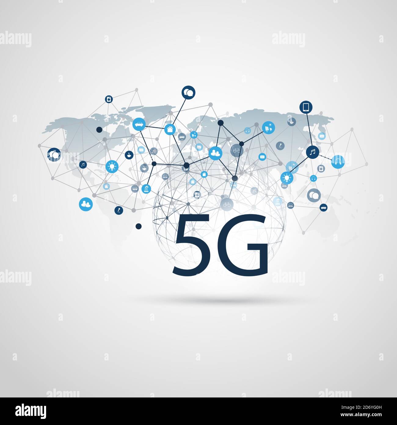 5G Network Label with Wireframe Sphere, Icons and World Map - High ...