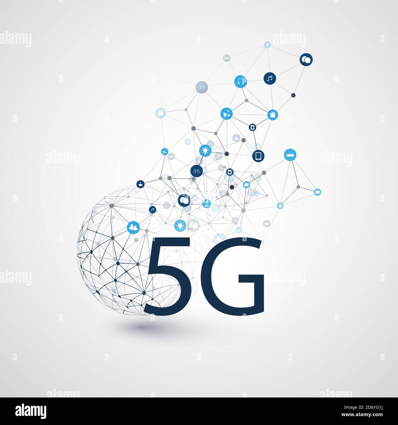 5G Network Label with Wireframe Sphere, Mesh and Icons -Abstract ...
