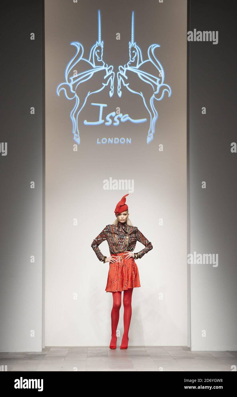 A model on the catwalk at the Issa fashion show, held at the BFC venue ...