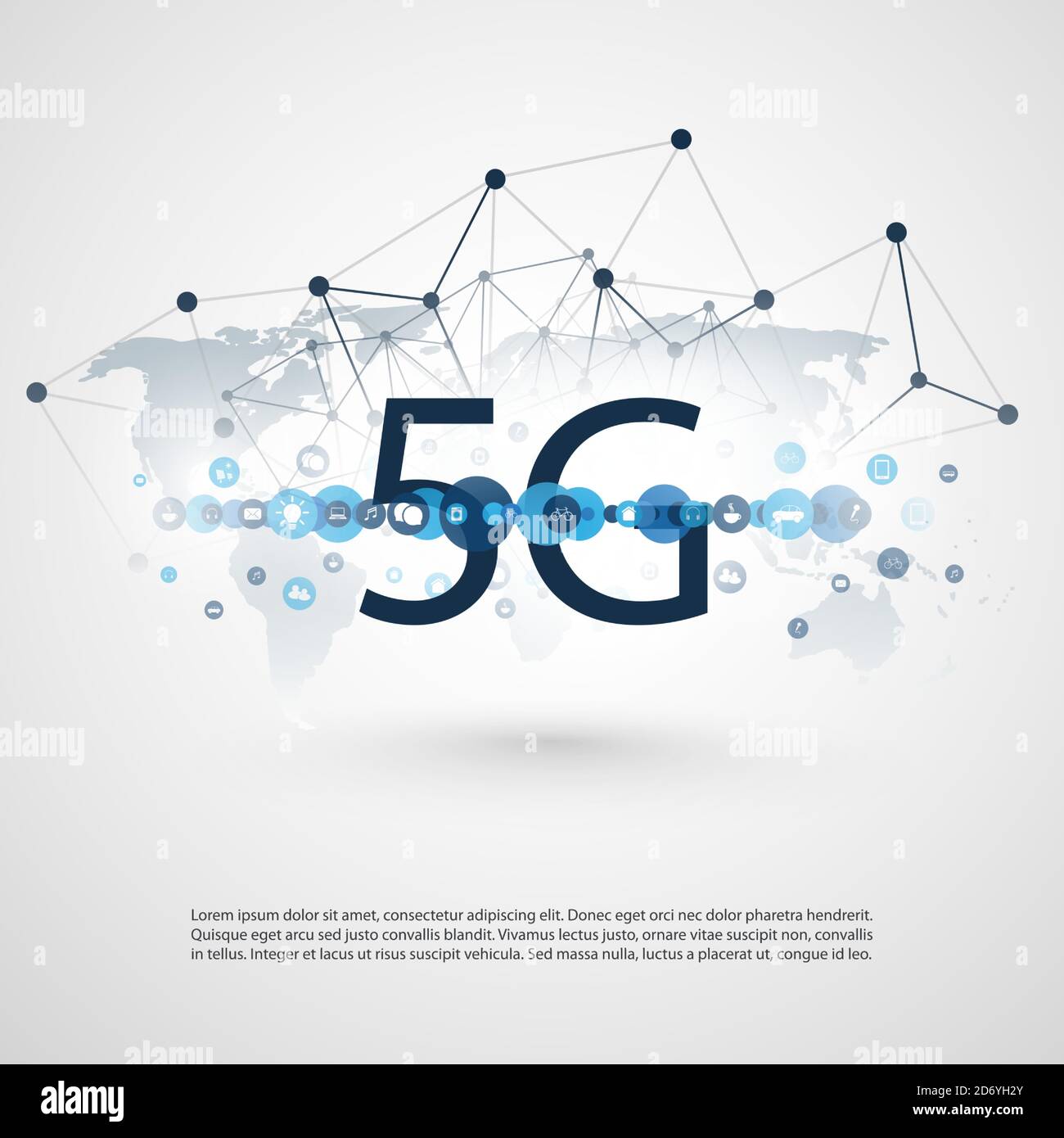 5G Network Label with Polygonal Mesh, Icons and World Map - High Speed ...