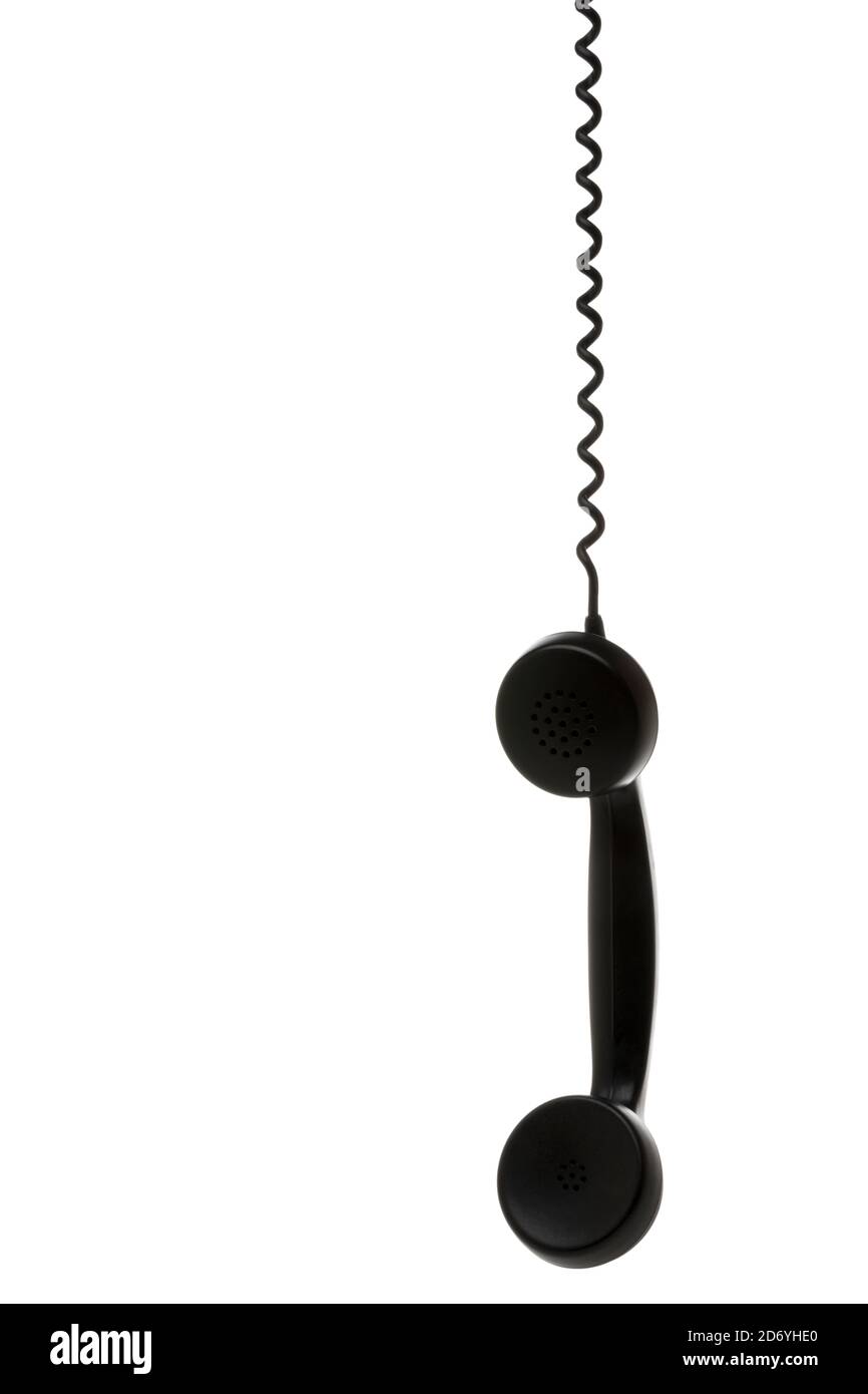 Vintage telephone receiver hanging on spiral wire isolated on white ...