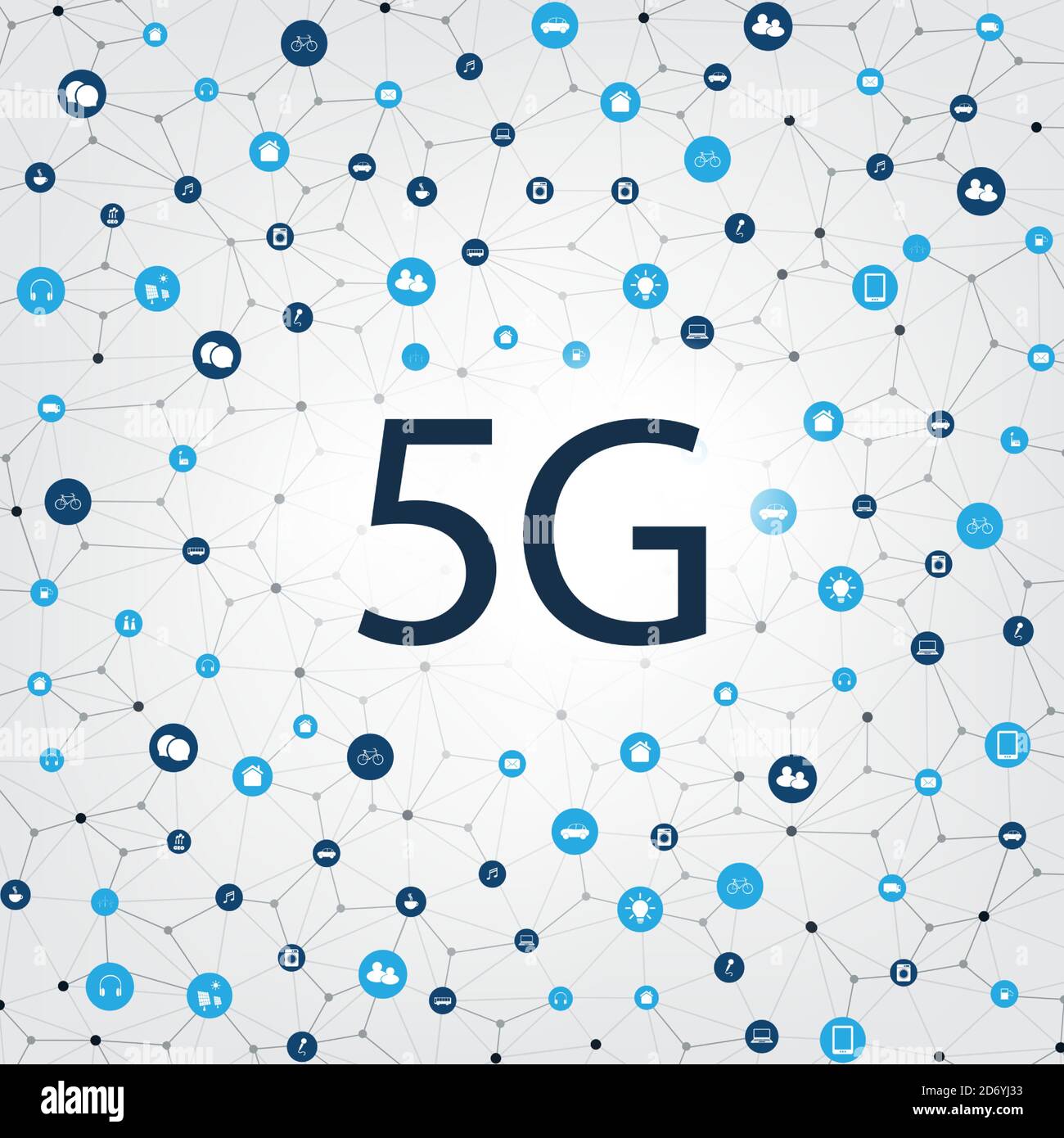 5G Network Label with Wireframe Mesh and Icons Representing Various ...