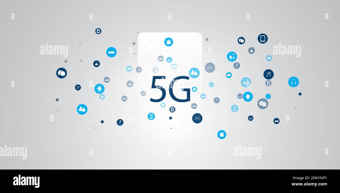 5G Network Label with Icons Representing Various Kind of Devices and ...