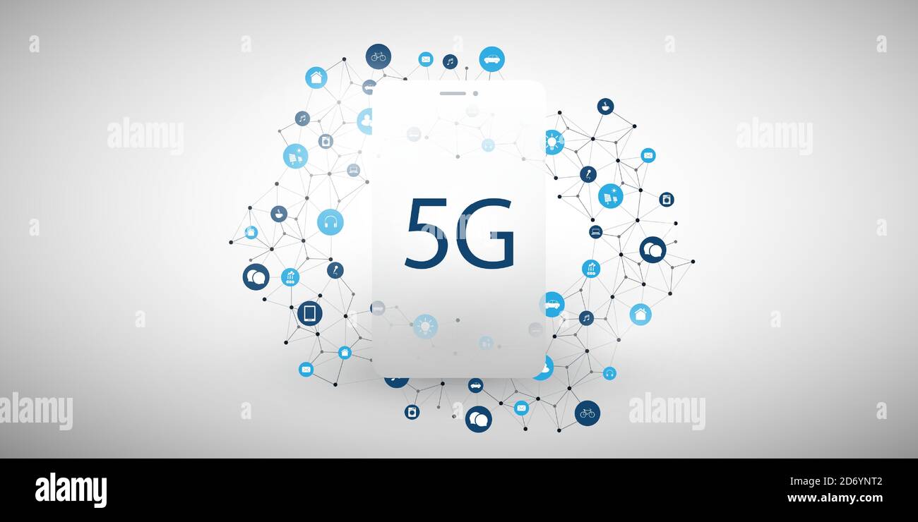 5G Network Label with Icons Representing Various Kind of Devices and ...