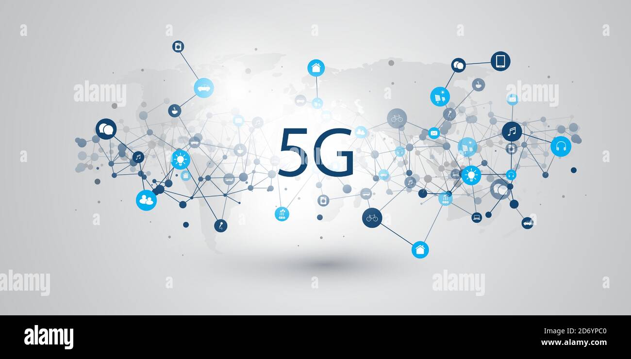 5G Network Label with Icons Representing Various Kind of Devices and ...