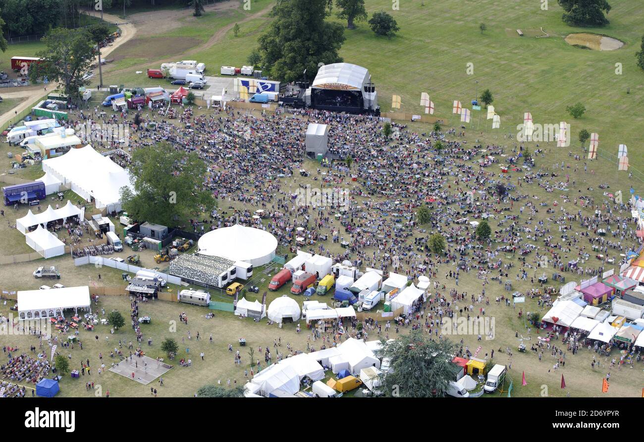 Aerial view of the Cornbury Festival, at Great Tew in Oxfordshire Stock ...