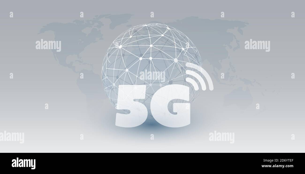 5G Network Label with Wireframe Globe - High Speed, Broadband Mobile ...
