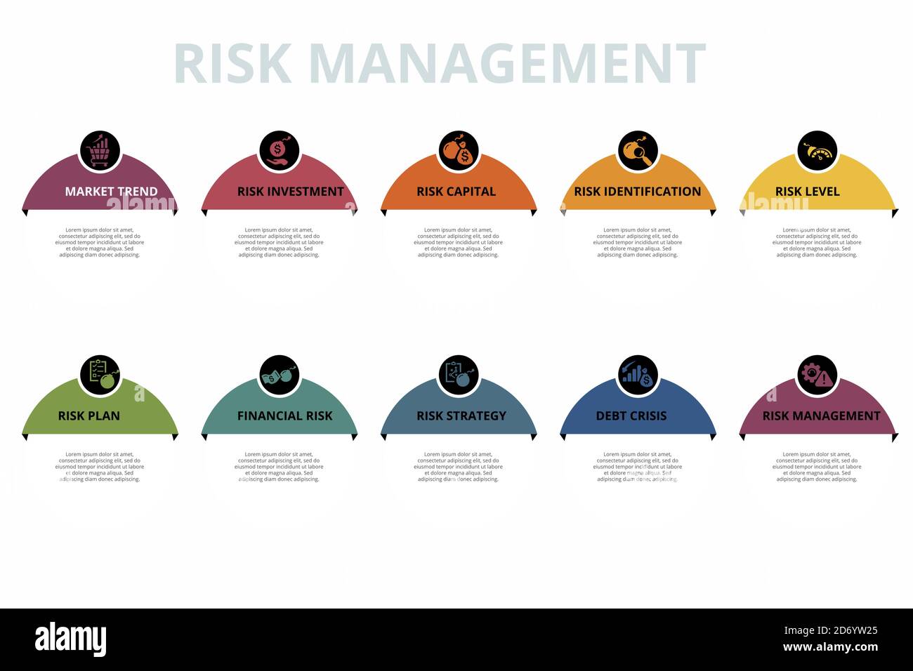 Infographic Risk Management template. Icons in different colors ...