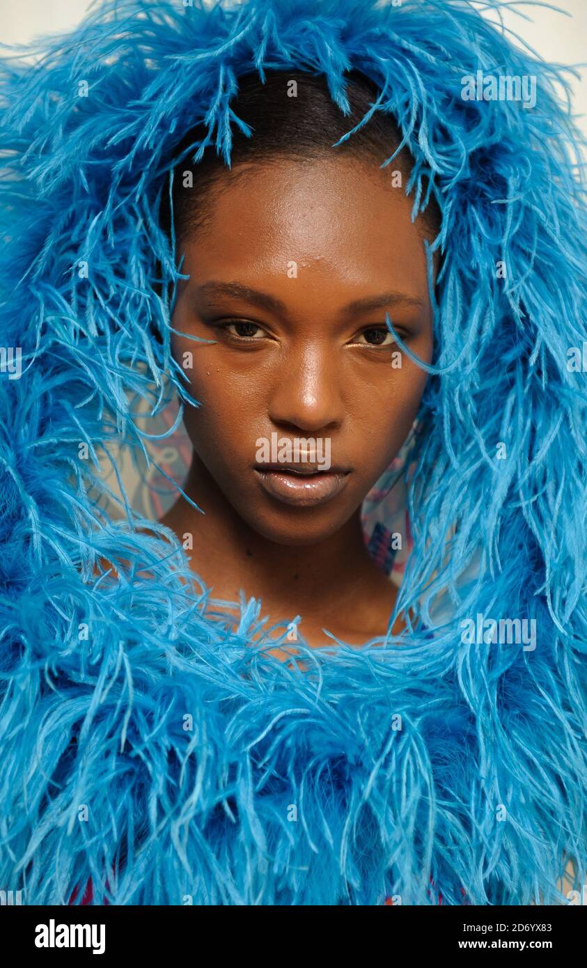 A model wearing a design by Piers Atkinson, during his presentation at ...