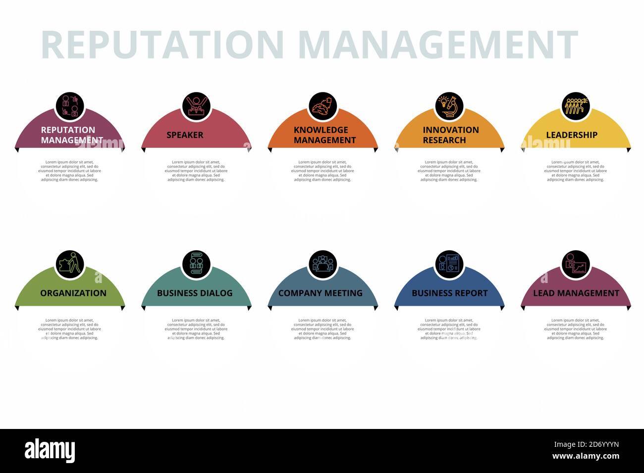 Infographic Reputation Management template. Icons in different colors ...