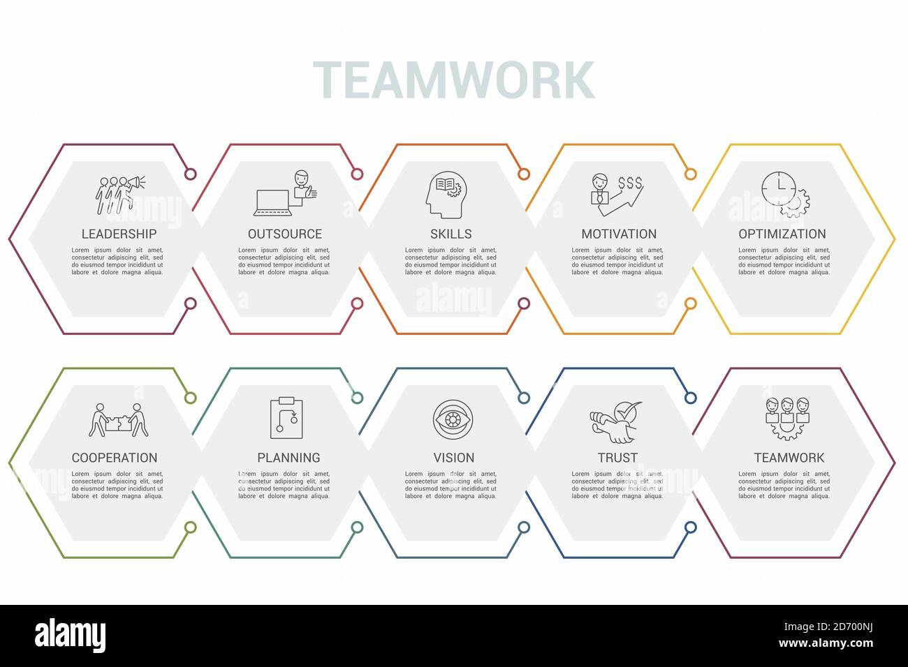 Infographic Teamwork template. Icons in different colors. Include ...