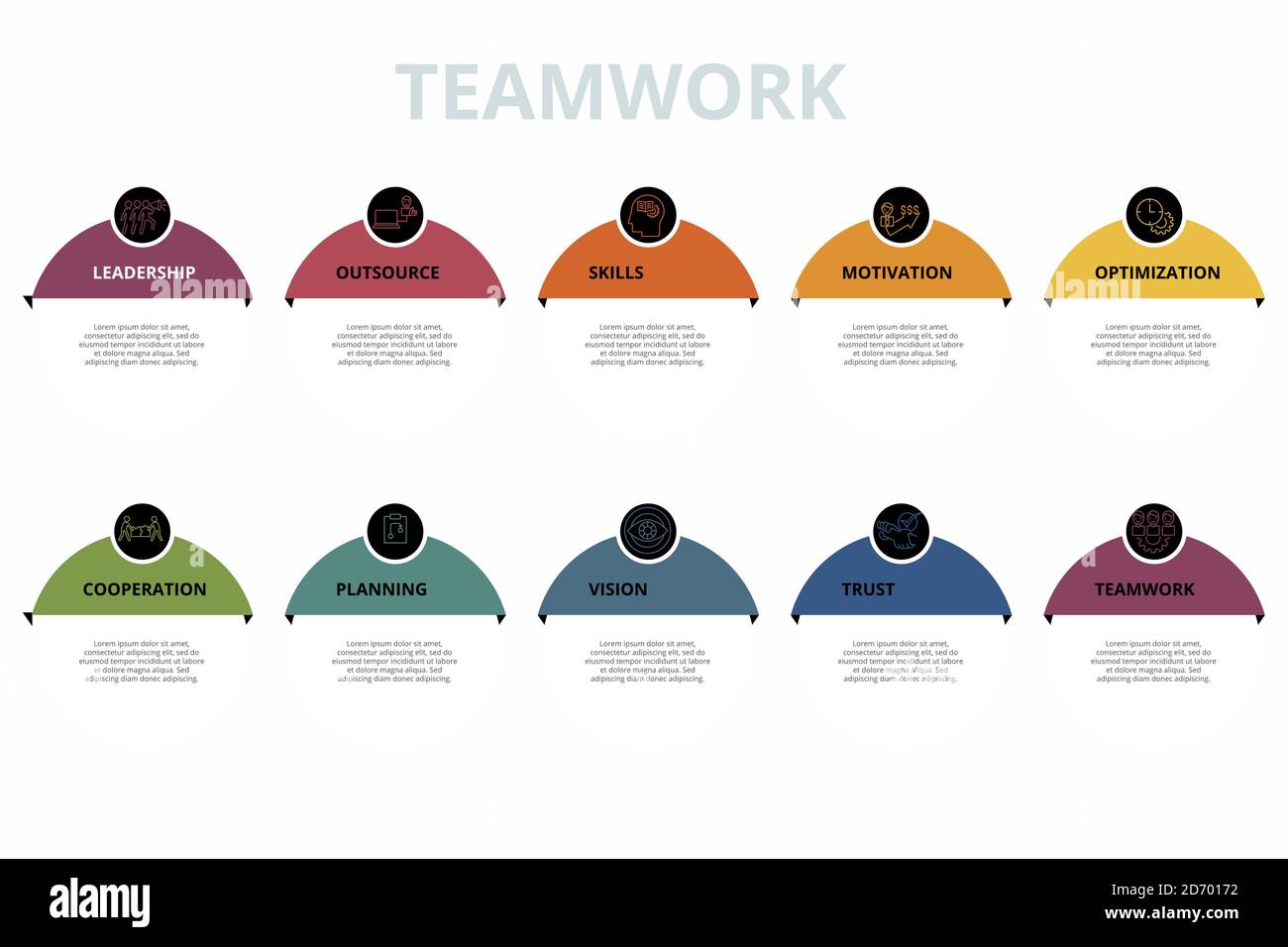 Infographic Teamwork template. Icons in different colors. Include ...