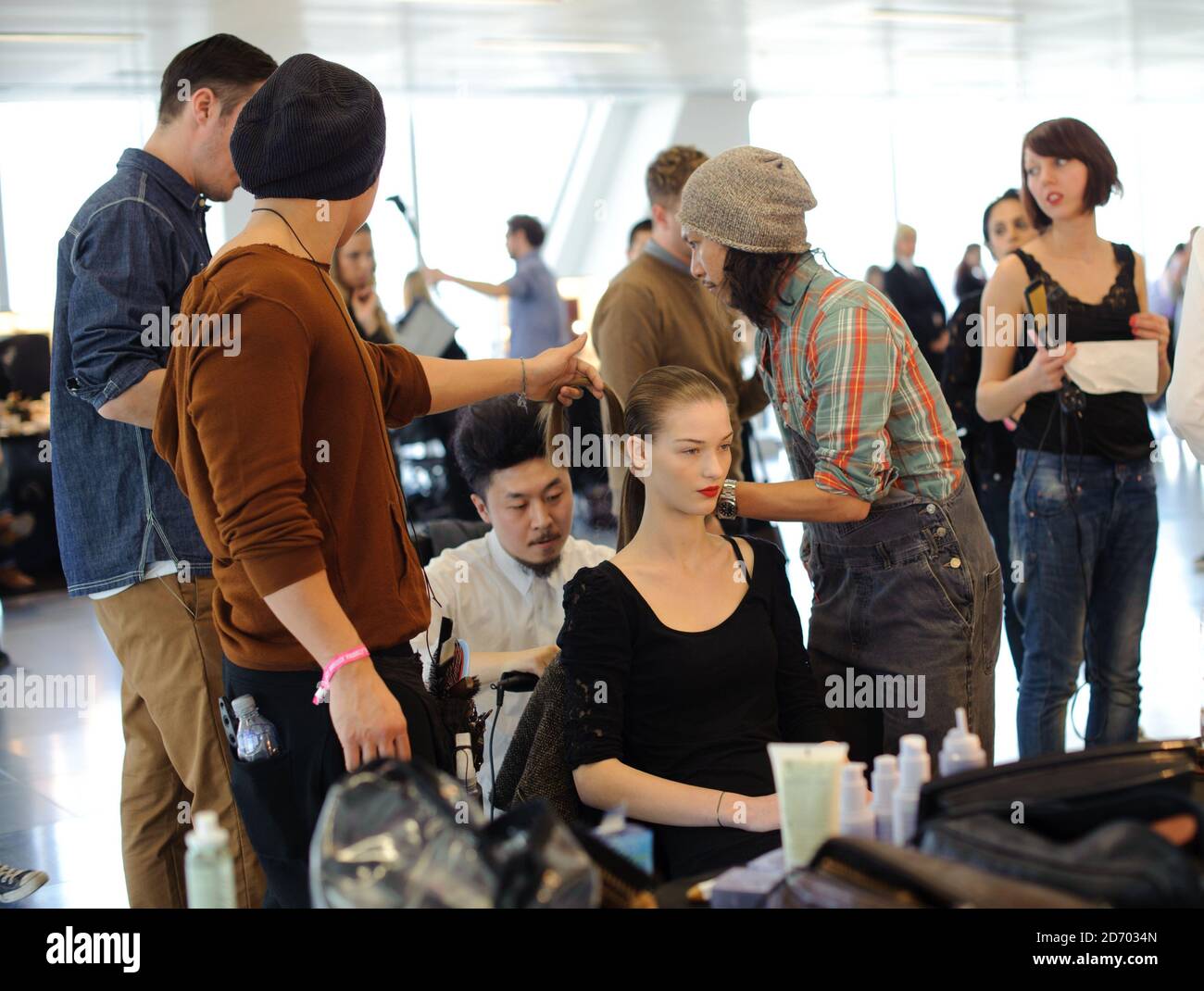 Models backstage at the Jonathan Saunders fashion show, held at the ...