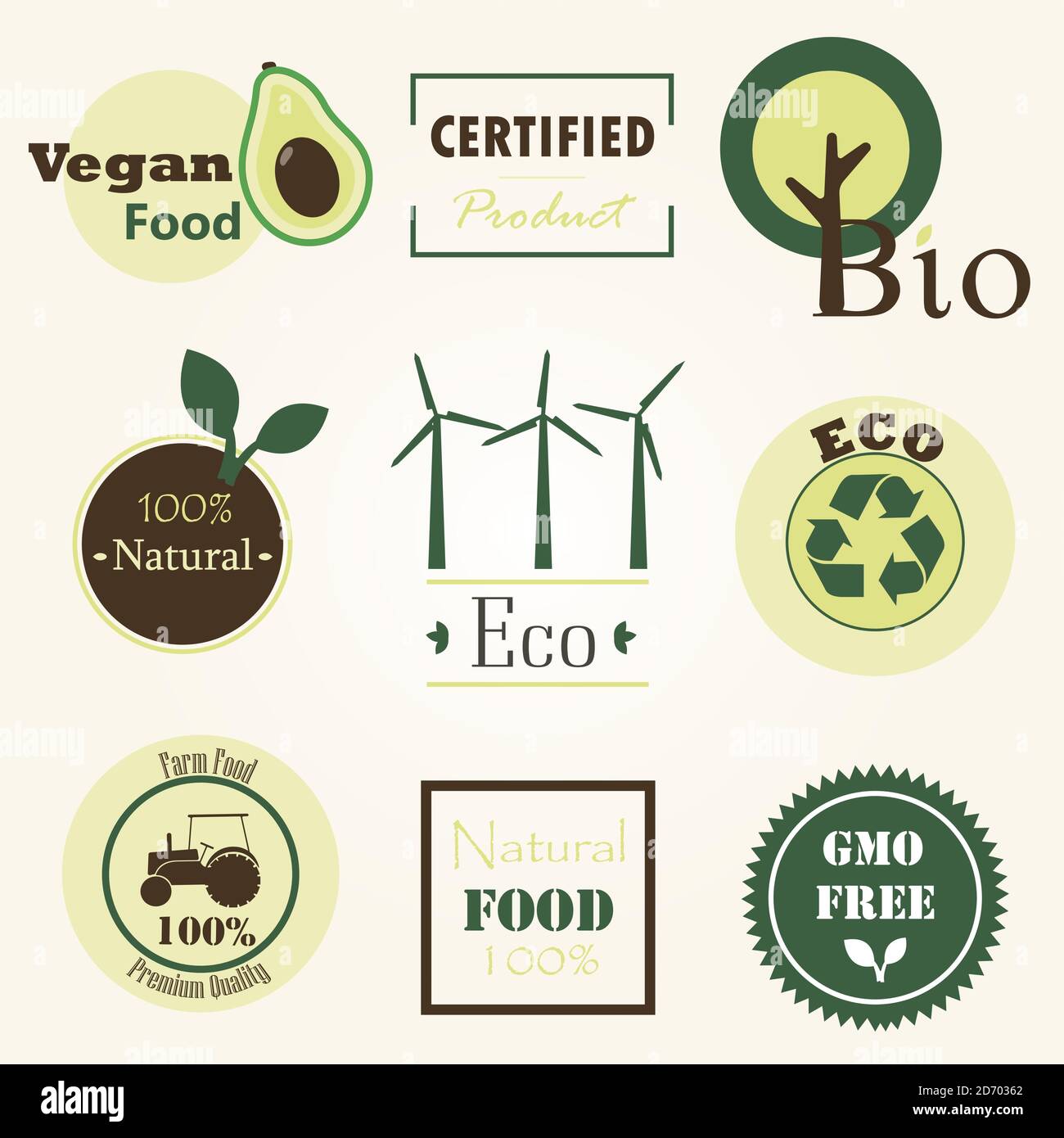 A set of logos on veganism, ecology, farm products and organic natural ...
