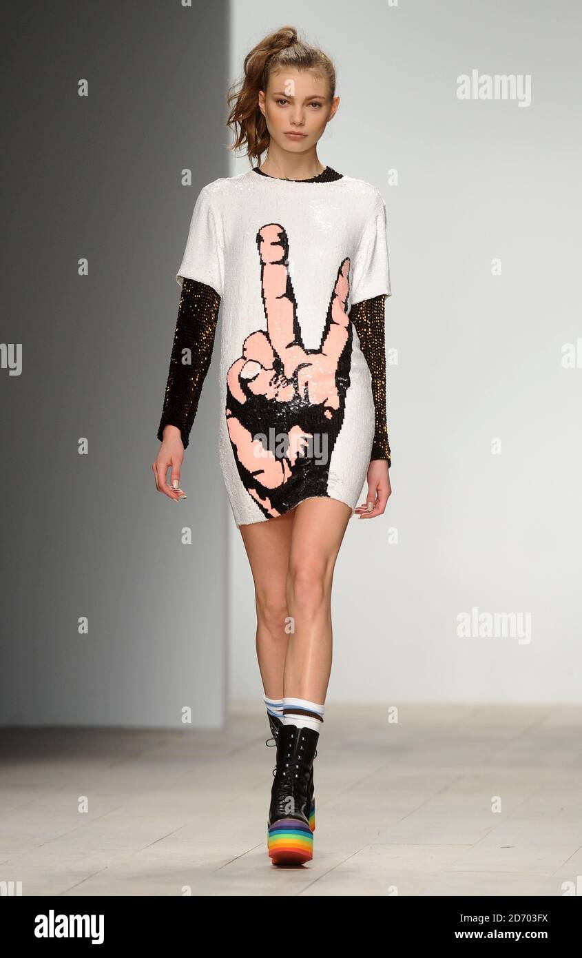 Models on the catwalk at the Ashish fashion show, held at the BFC venue ...