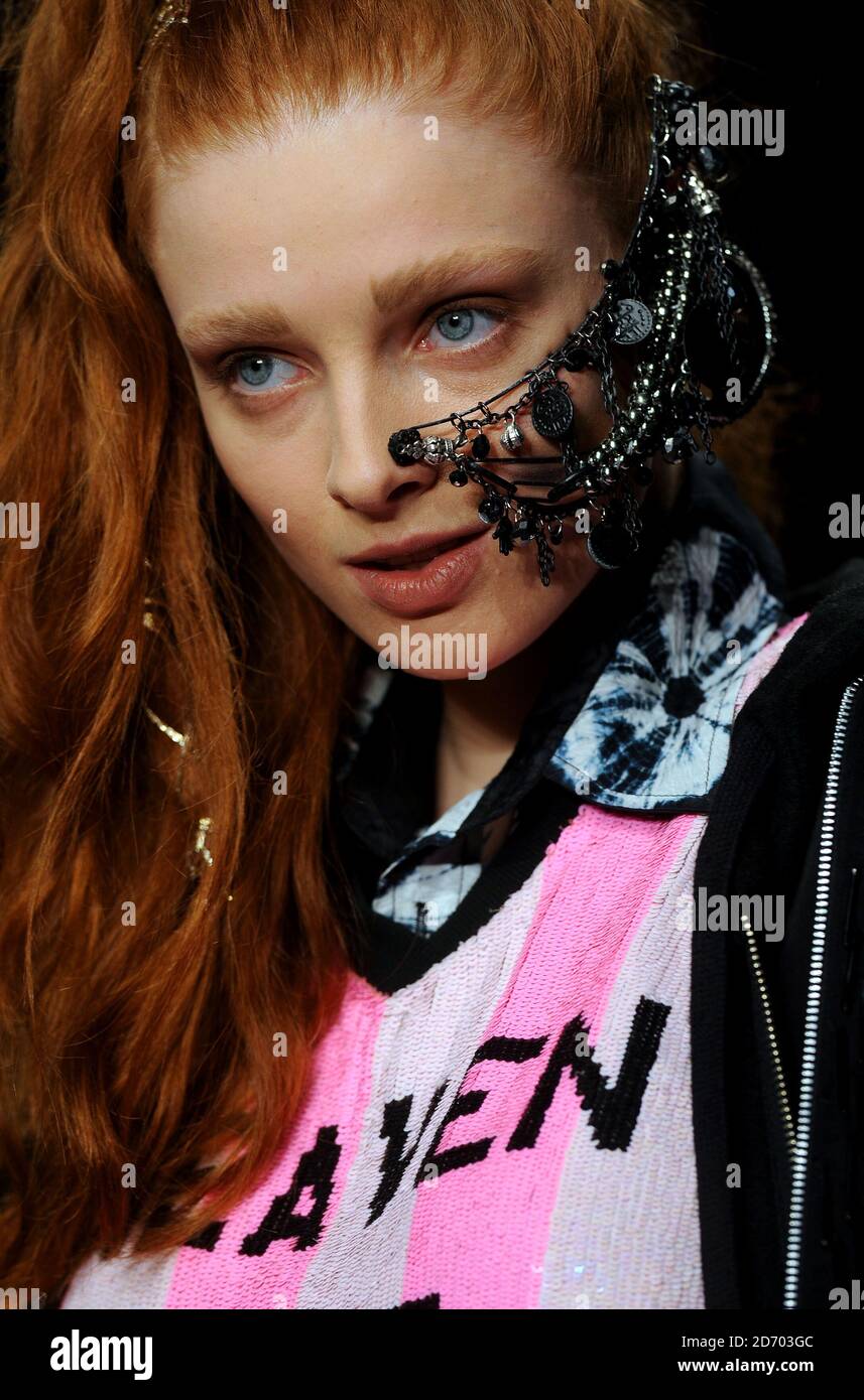 Models on the catwalk at the Ashish fashion show, held at the BFC venue ...