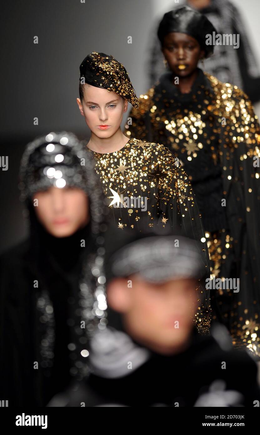 Models on the catwalk at the KTZ fashion show, held at the BFC venue at ...