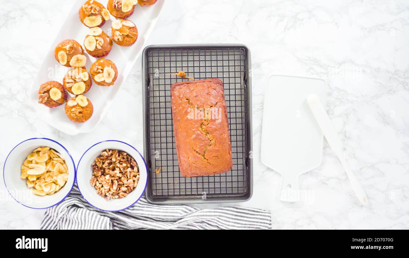 Flat lay. Step by step. Garnishing banana bread loaf with homemade ...
