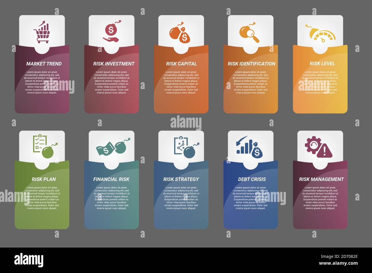 Infographic Management template. Icons in different colors. Include ...