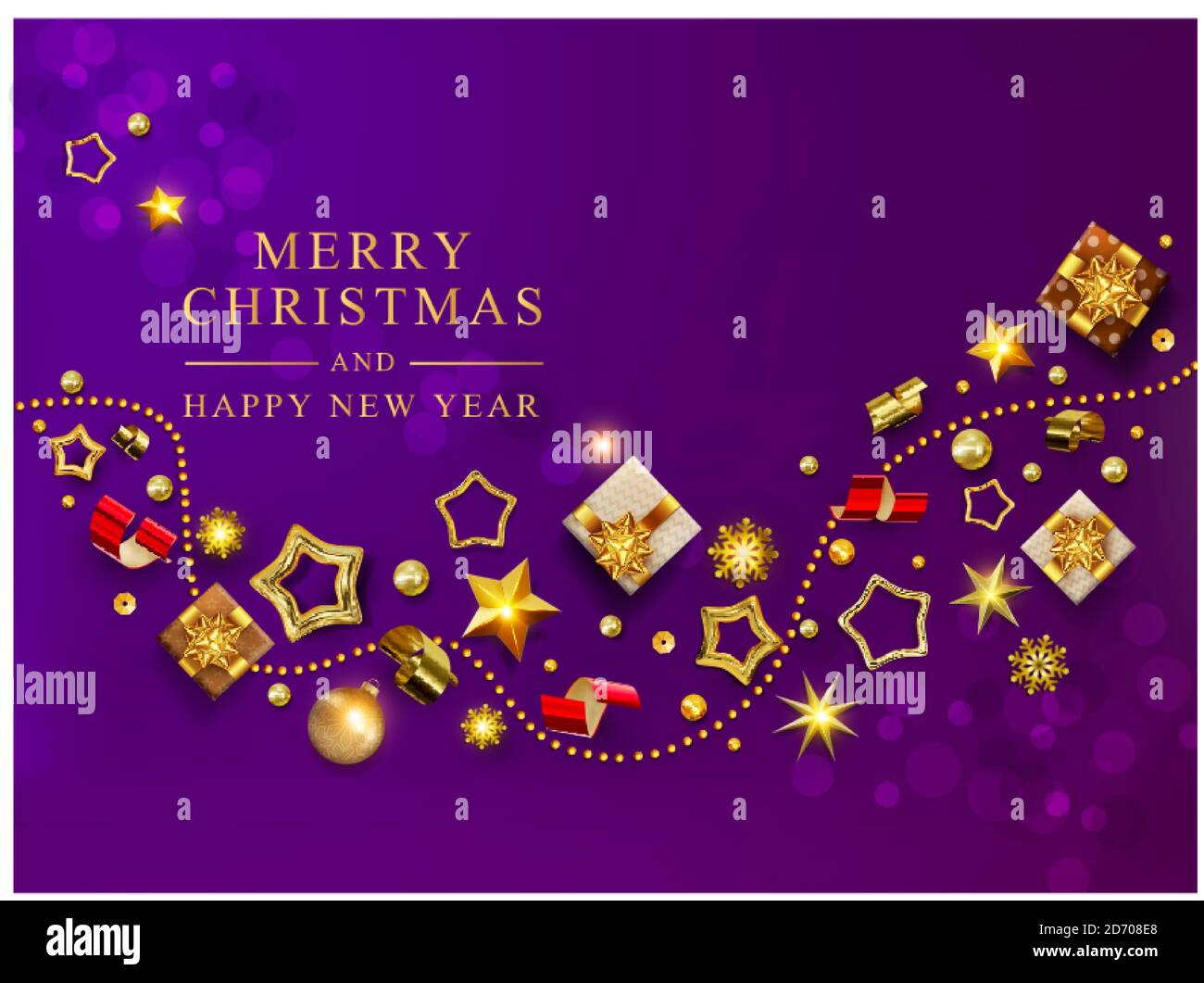 Violet Christmas Banner. Vector Xmas Background with garland, realistic ...