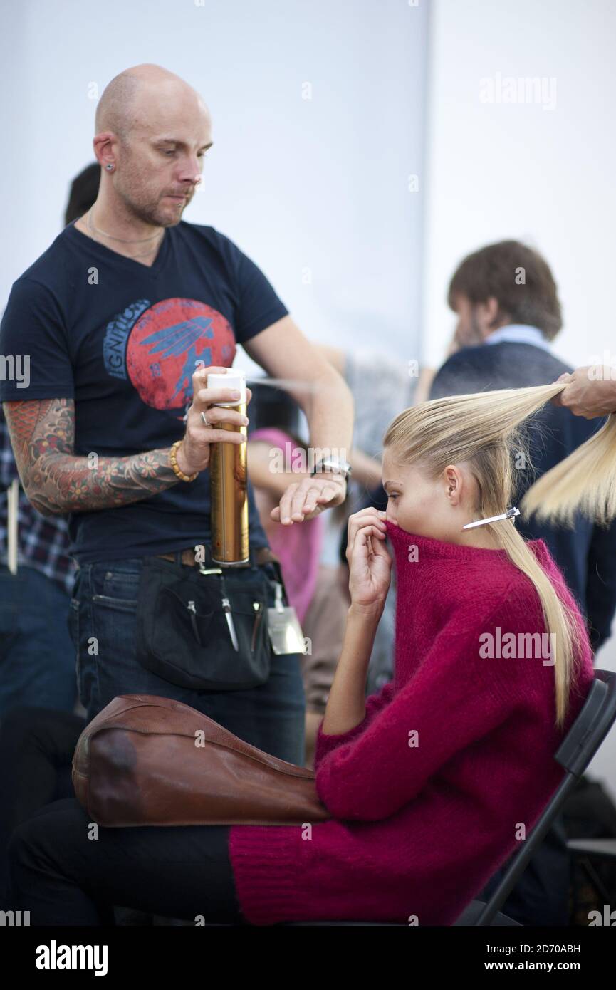 Models prepare backstage at the Nicole Farhi fashion show, held at RIBA ...