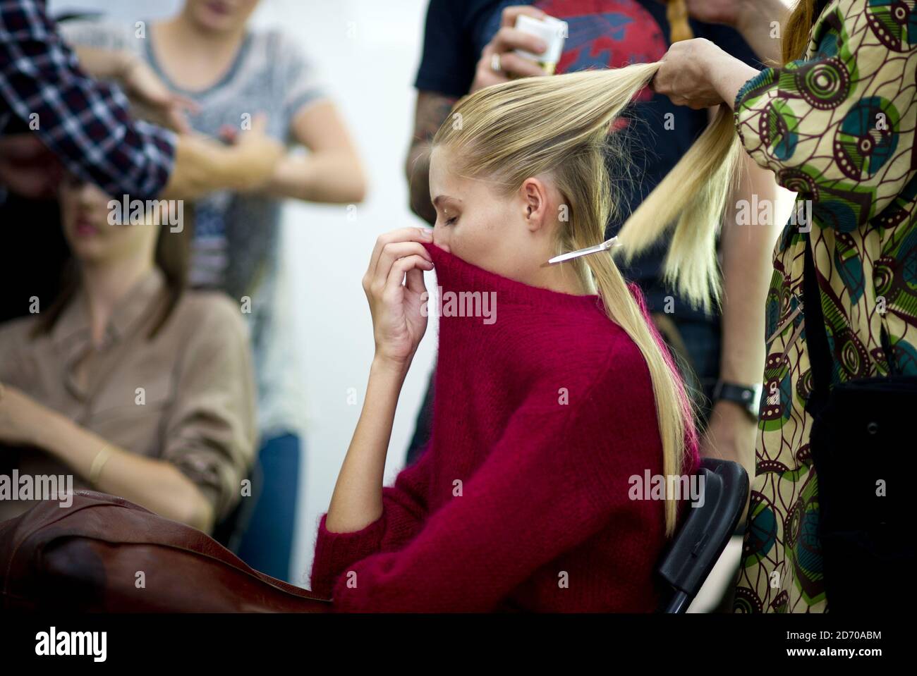 Models prepare backstage at the Nicole Farhi fashion show, held at RIBA ...