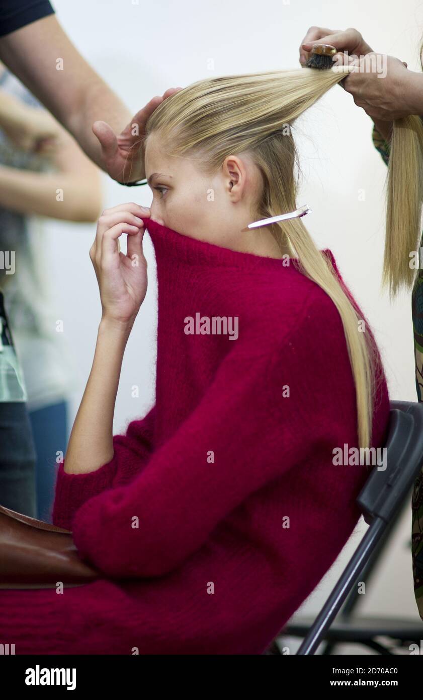 Models prepare backstage at the Nicole Farhi fashion show, held at RIBA ...