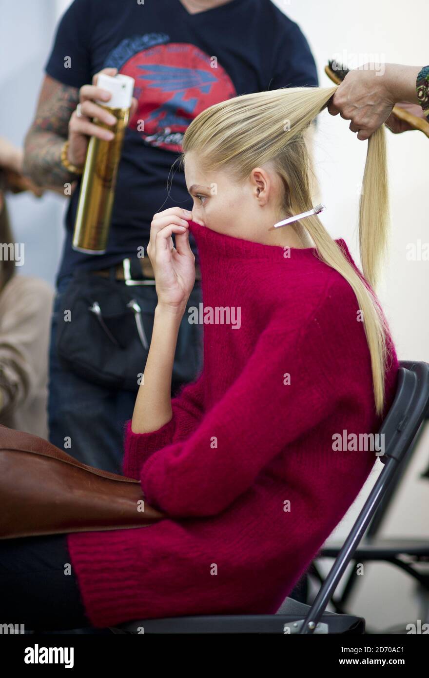 Models prepare backstage at the Nicole Farhi fashion show, held at RIBA ...