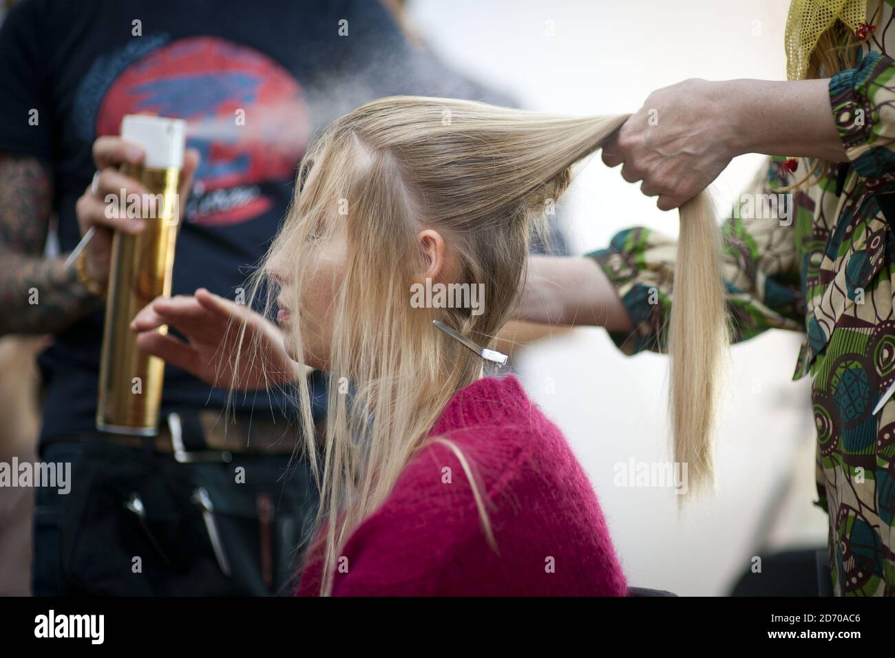 Models prepare backstage at the Nicole Farhi fashion show, held at RIBA ...