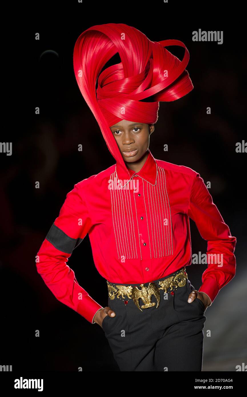 A model on the catwalk during the Philip Treacy fashion show, held at ...