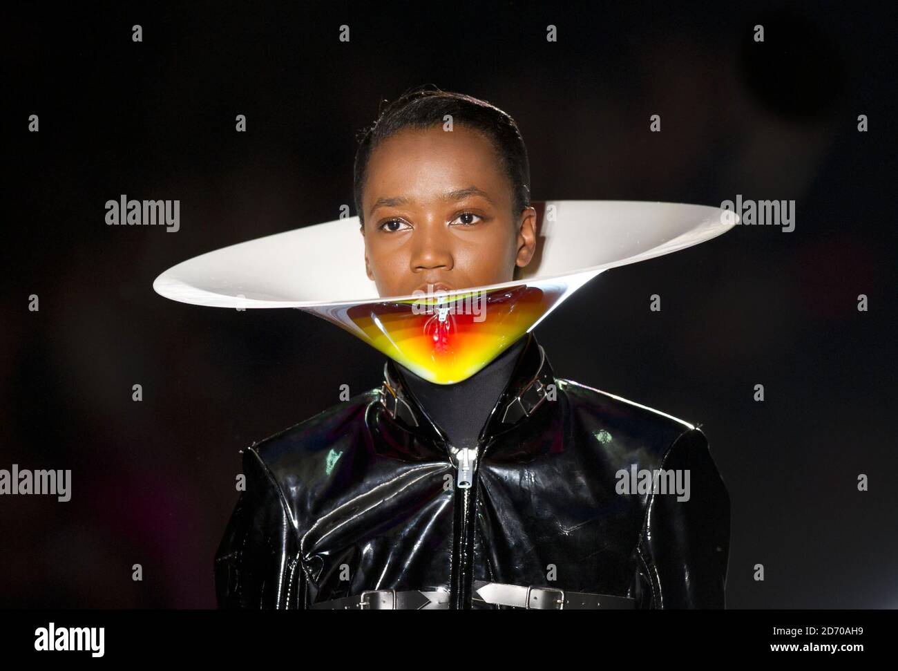 A model on the catwalk during the Philip Treacy fashion show, held at ...