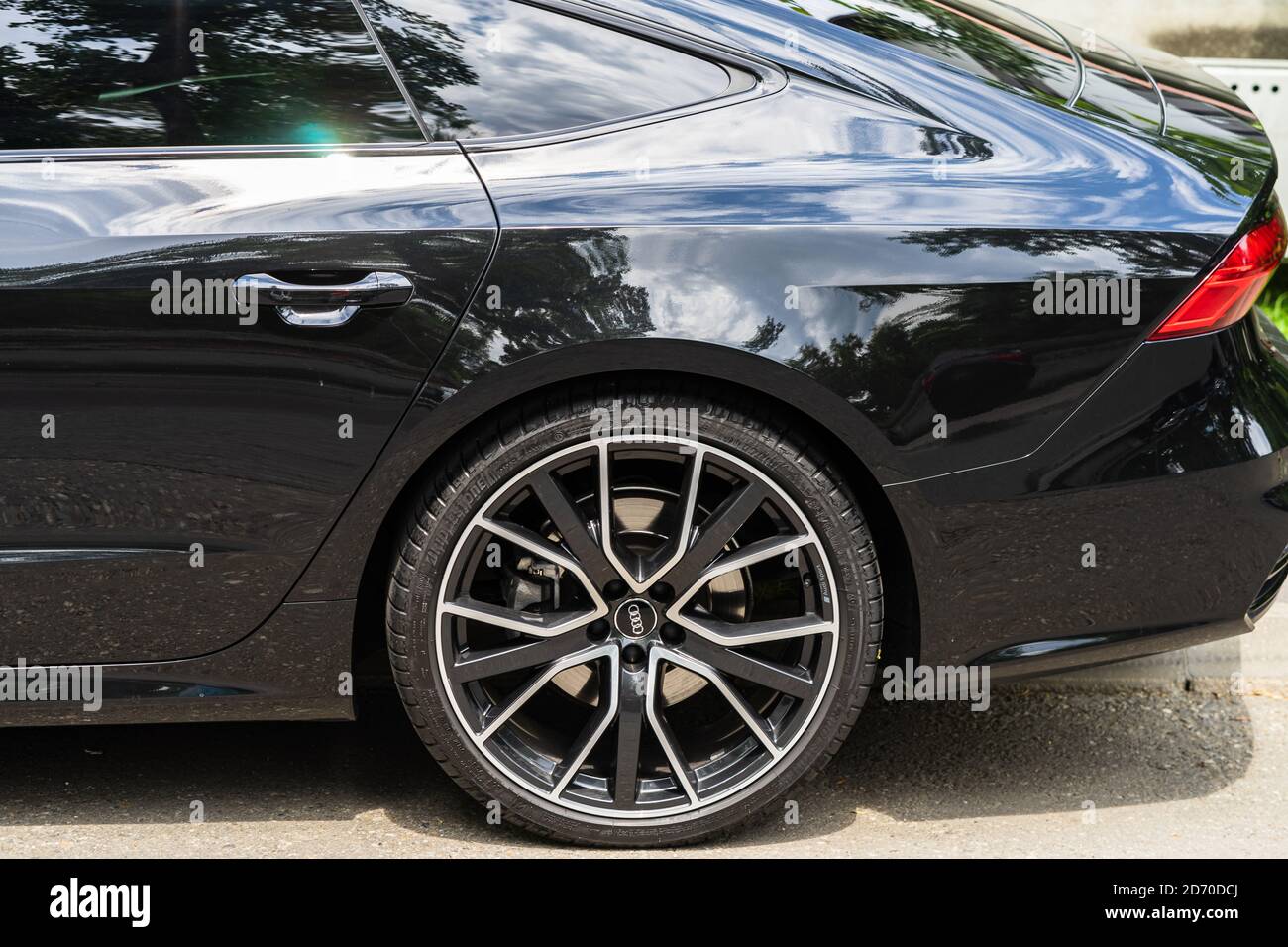 Black Audi A7 S line details, close up of Audi wheels in Bucharest ...