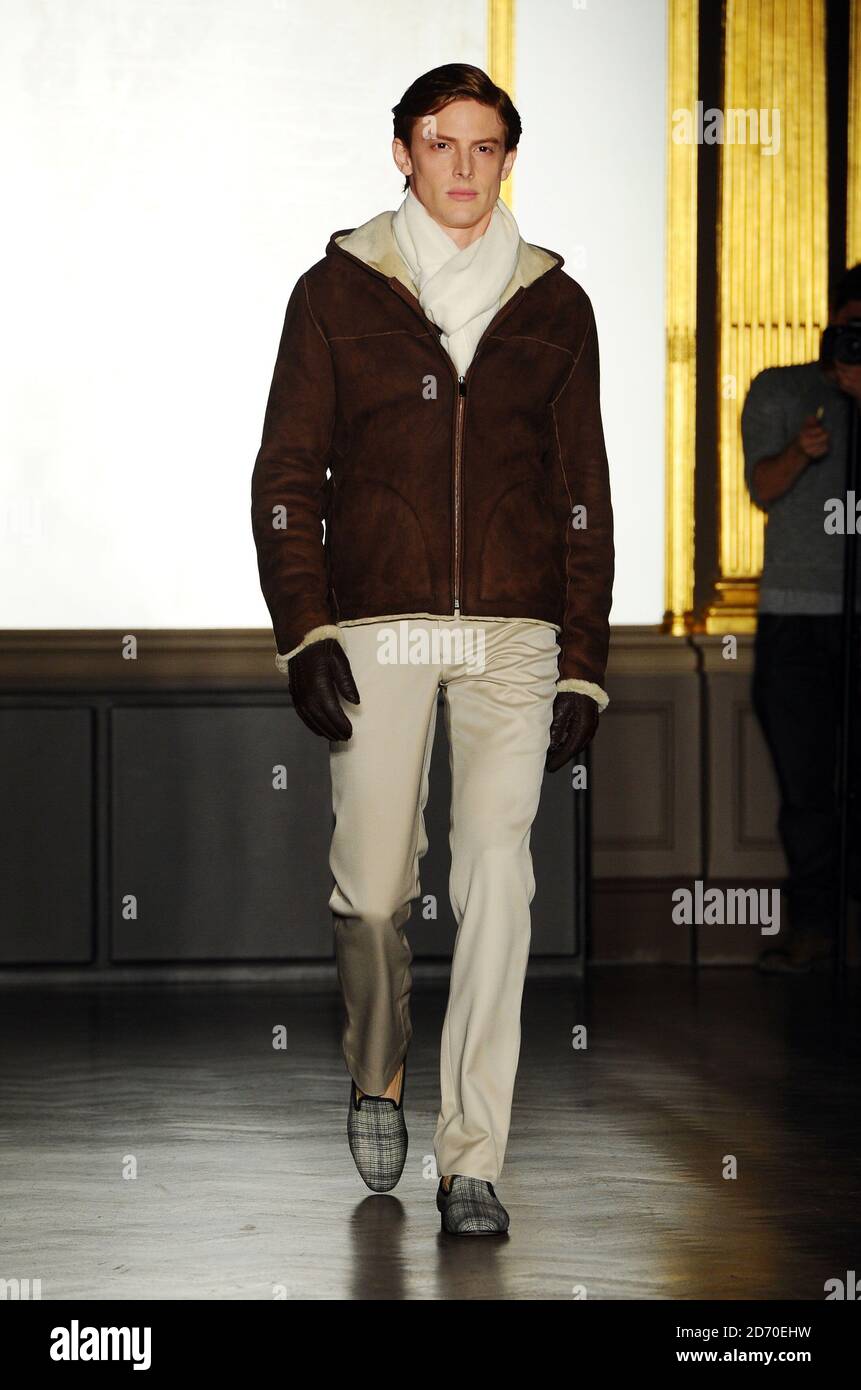 A model on the catwalk at the Richard James fashion show, held as part ...