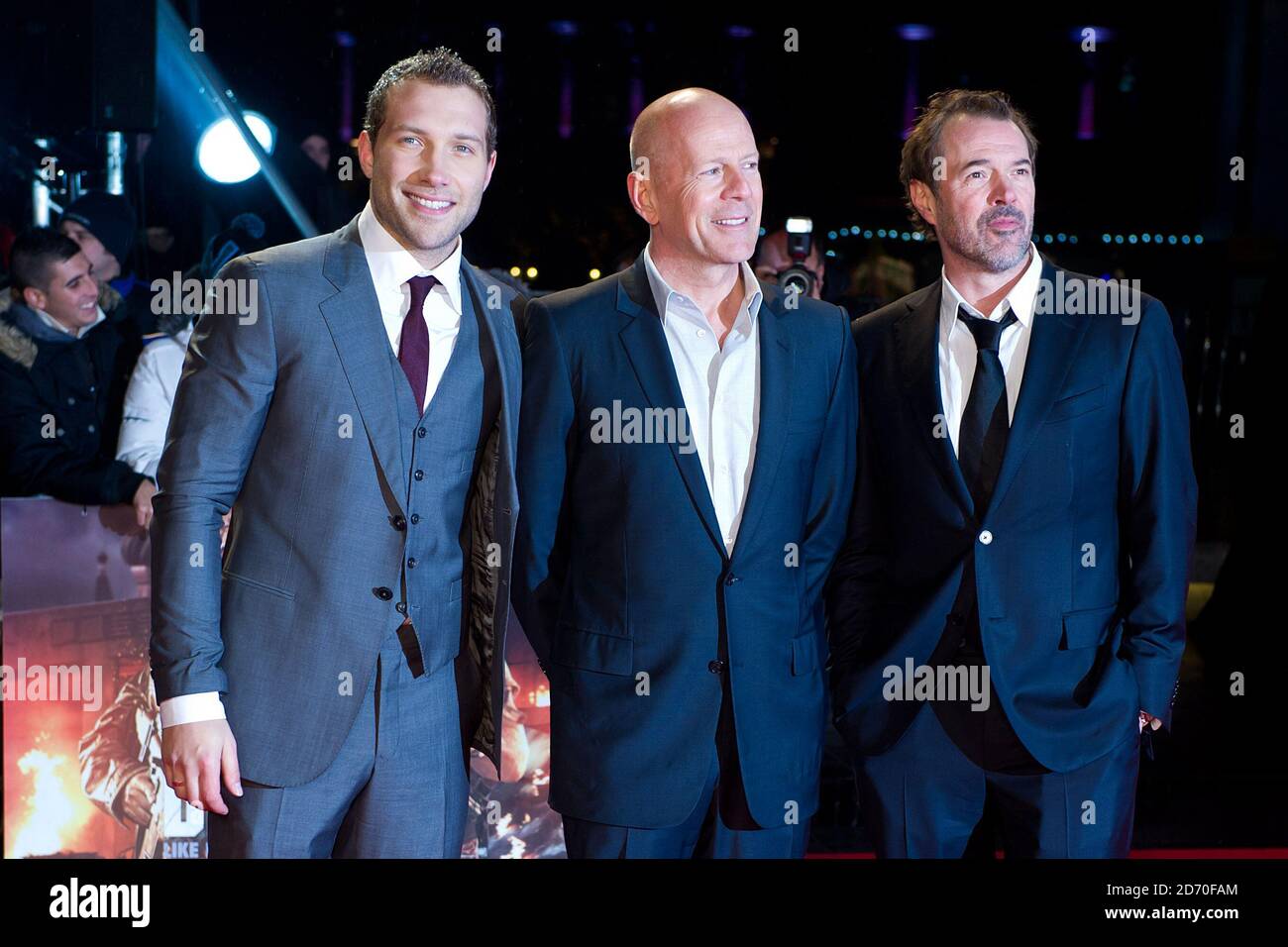 Jai Courtney, Bruce Willis and Sebastian Koch attending the premiere of ...