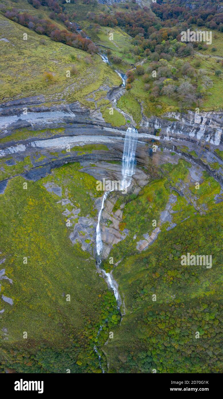 Autumn landscape at the San Miguel waterfall in the Angulo Valley of ...