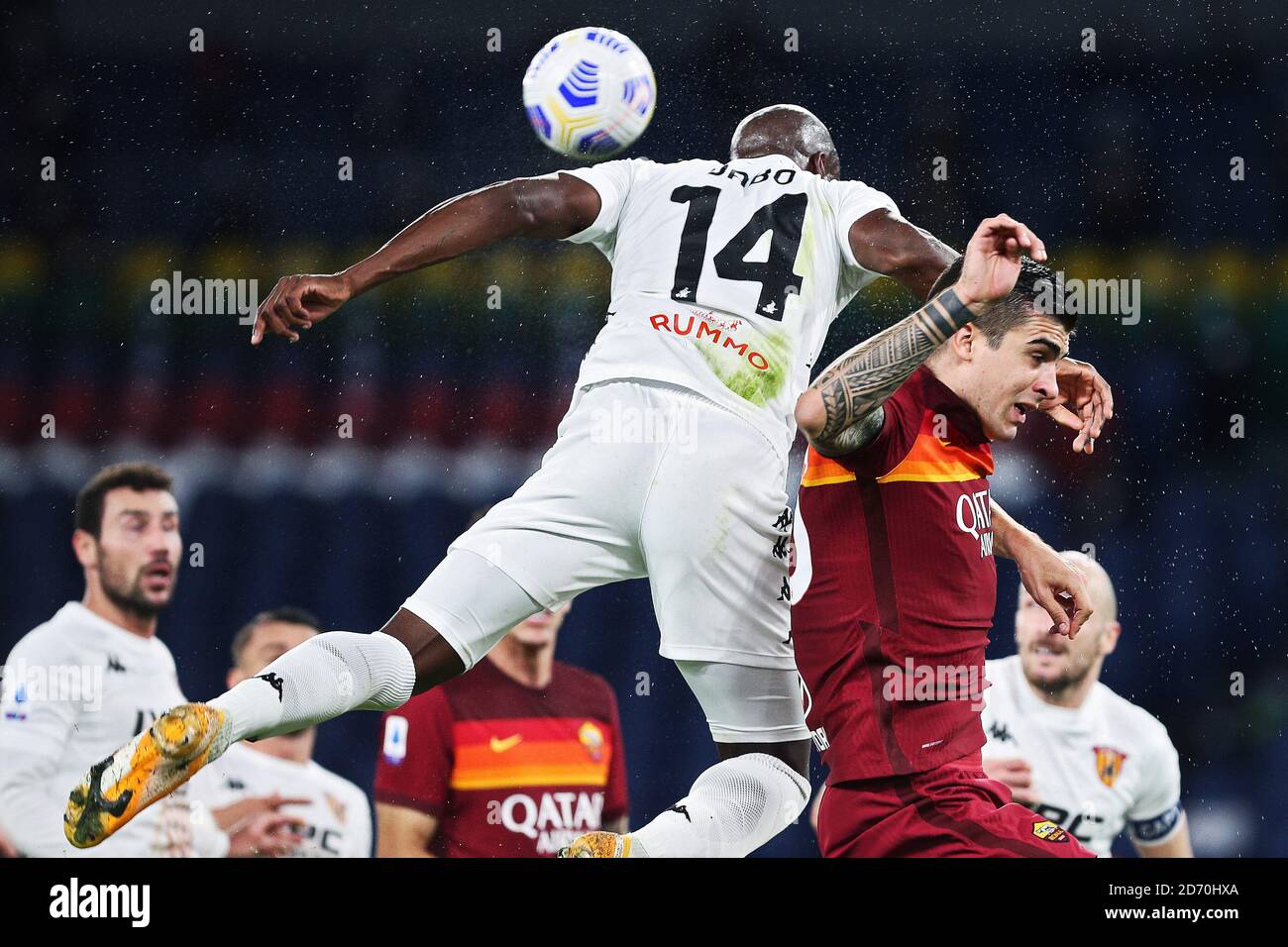 ianluca Mancini of Roma (R) goes for a header with Bryan Dabo of ...