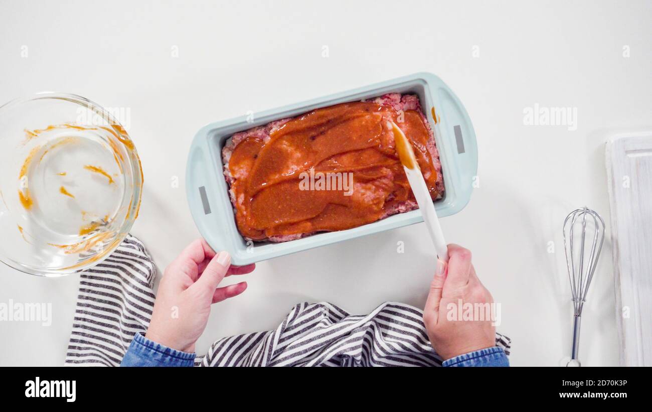 Flat lay. Step by step. Preparing a classic beef meatloaf recipe Stock ...