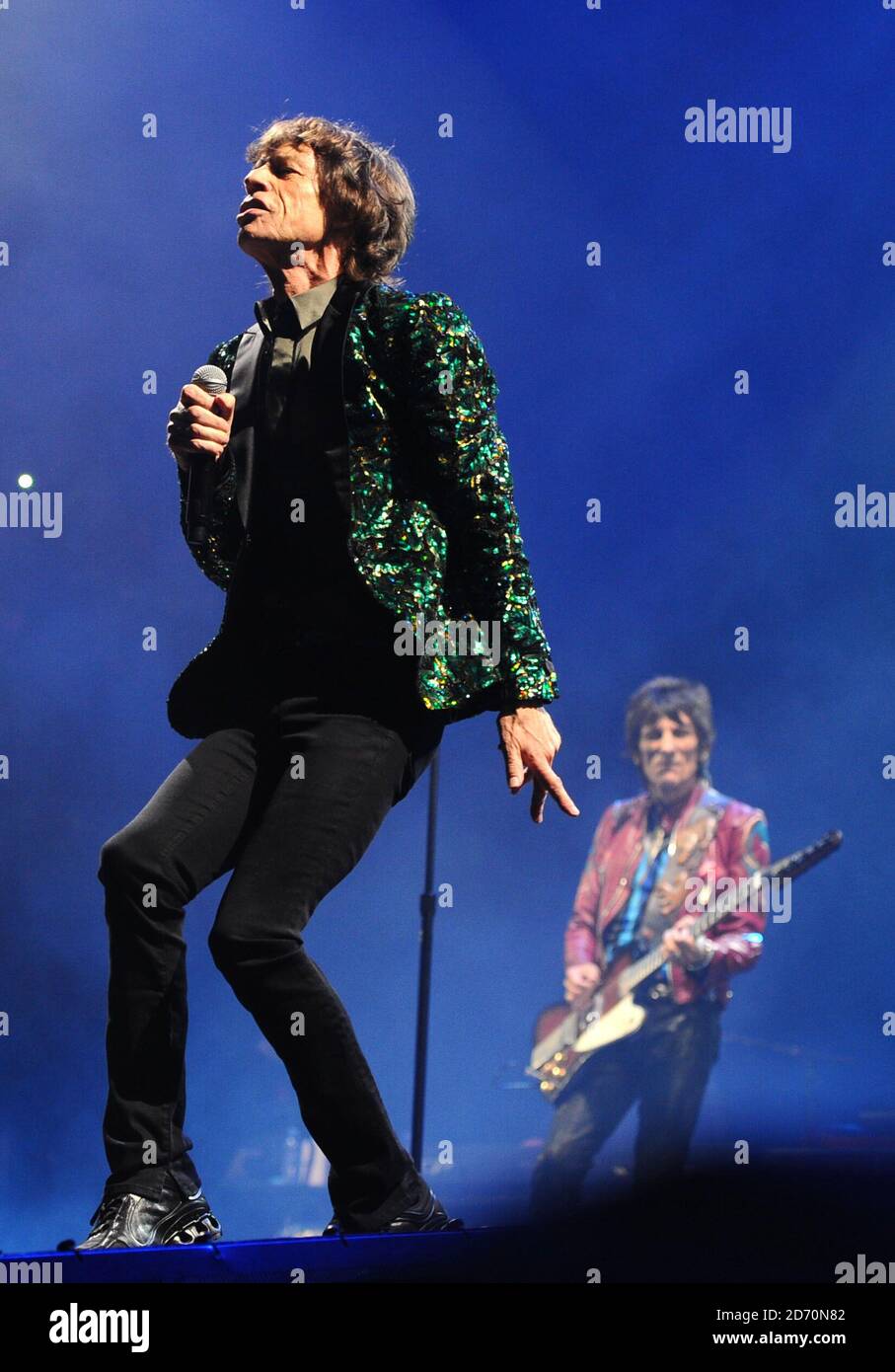 Mick Jagger of the Rolling Stones performing at the Glastonbury ...