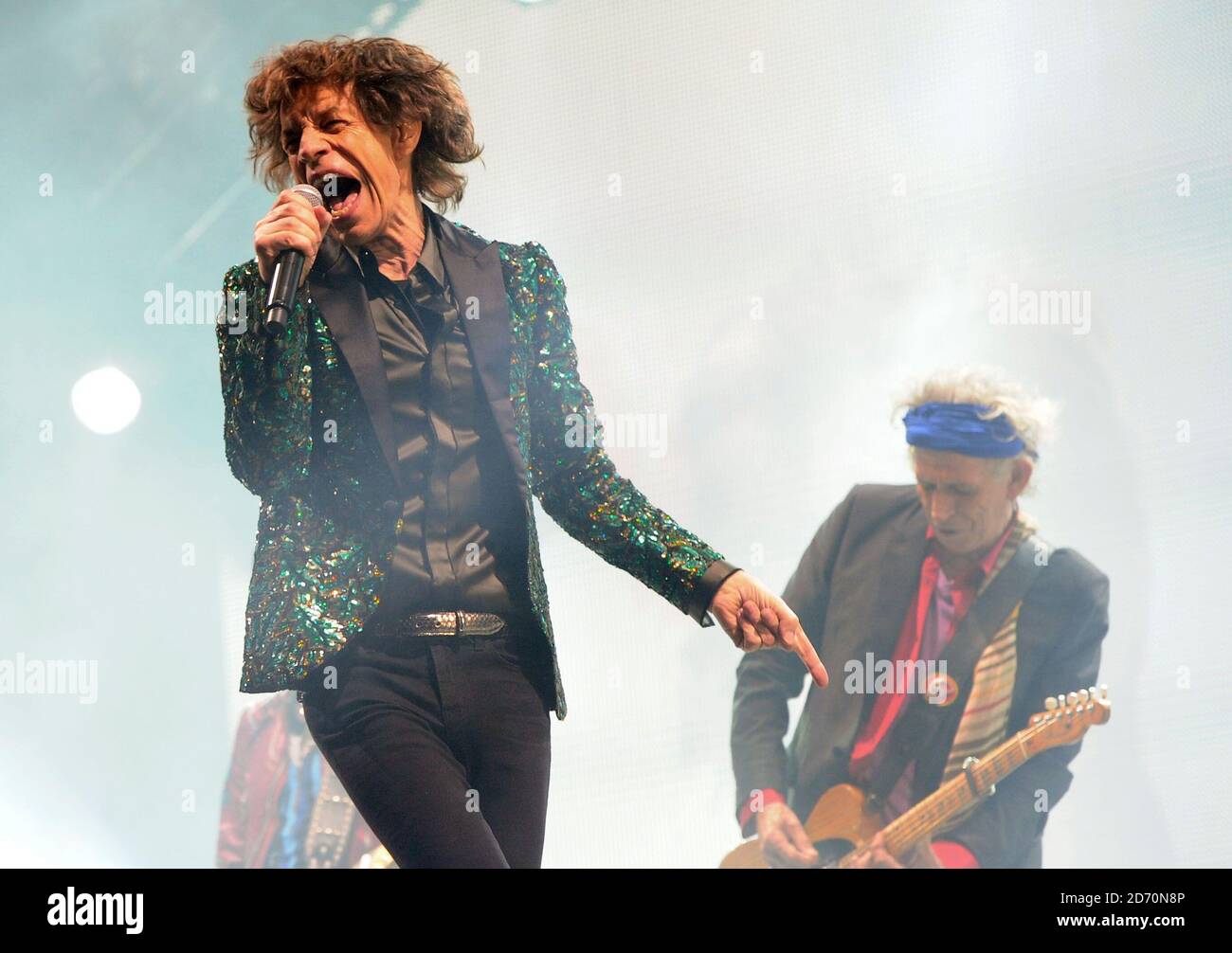 Mick Jagger of the Rolling Stones performing at the Glastonbury ...