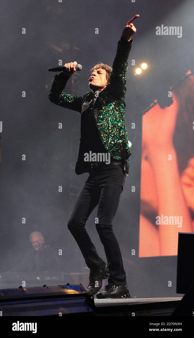 Mick Jagger of the Rolling Stones performing at the Glastonbury ...