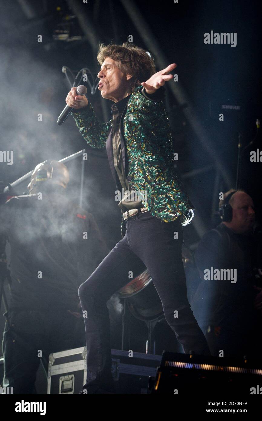 Mick Jagger of the Rolling Stones performing on the Pyramid stage at ...