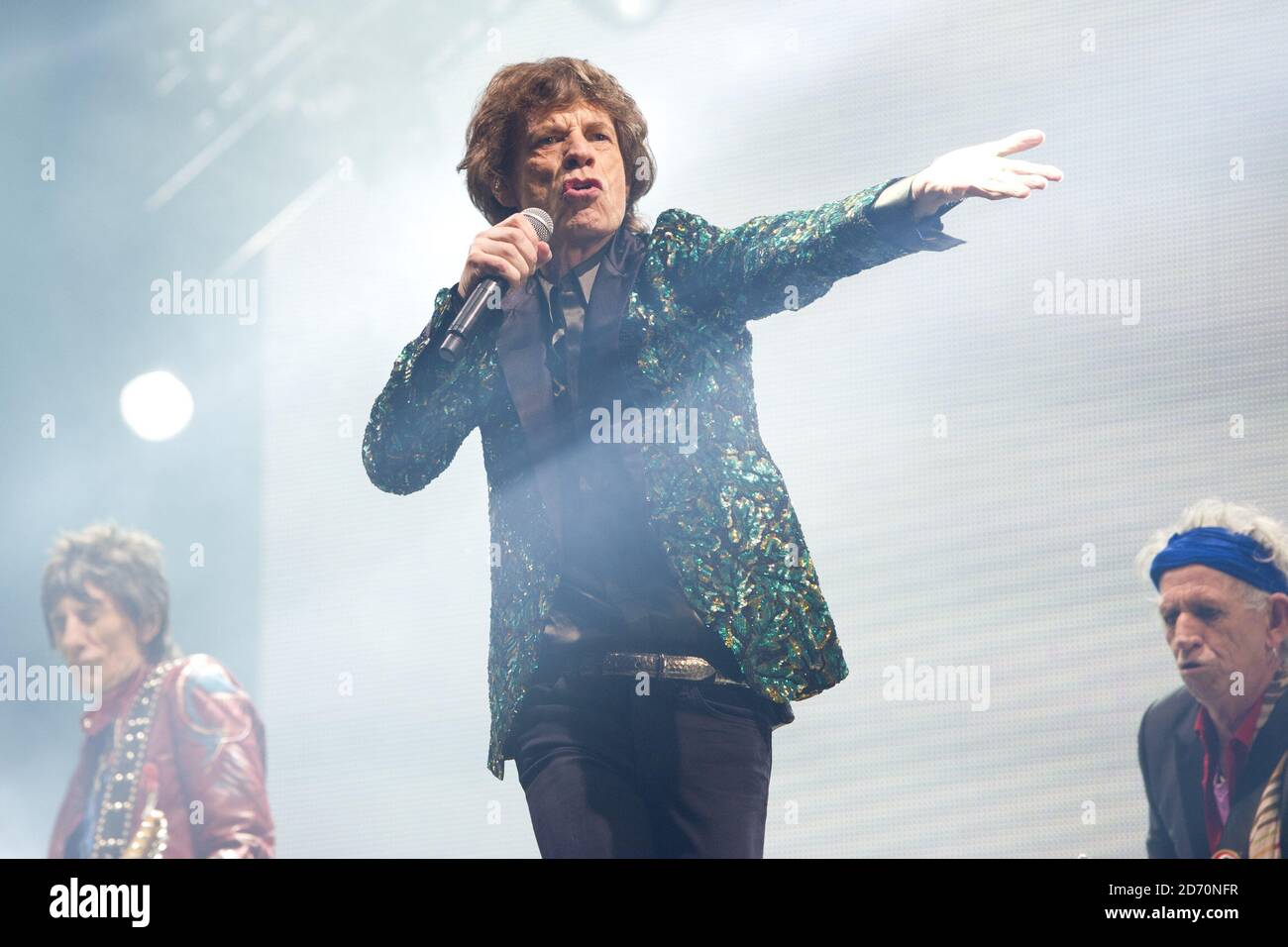 Mick Jagger of the Rolling Stones performing on the Pyramid stage at ...