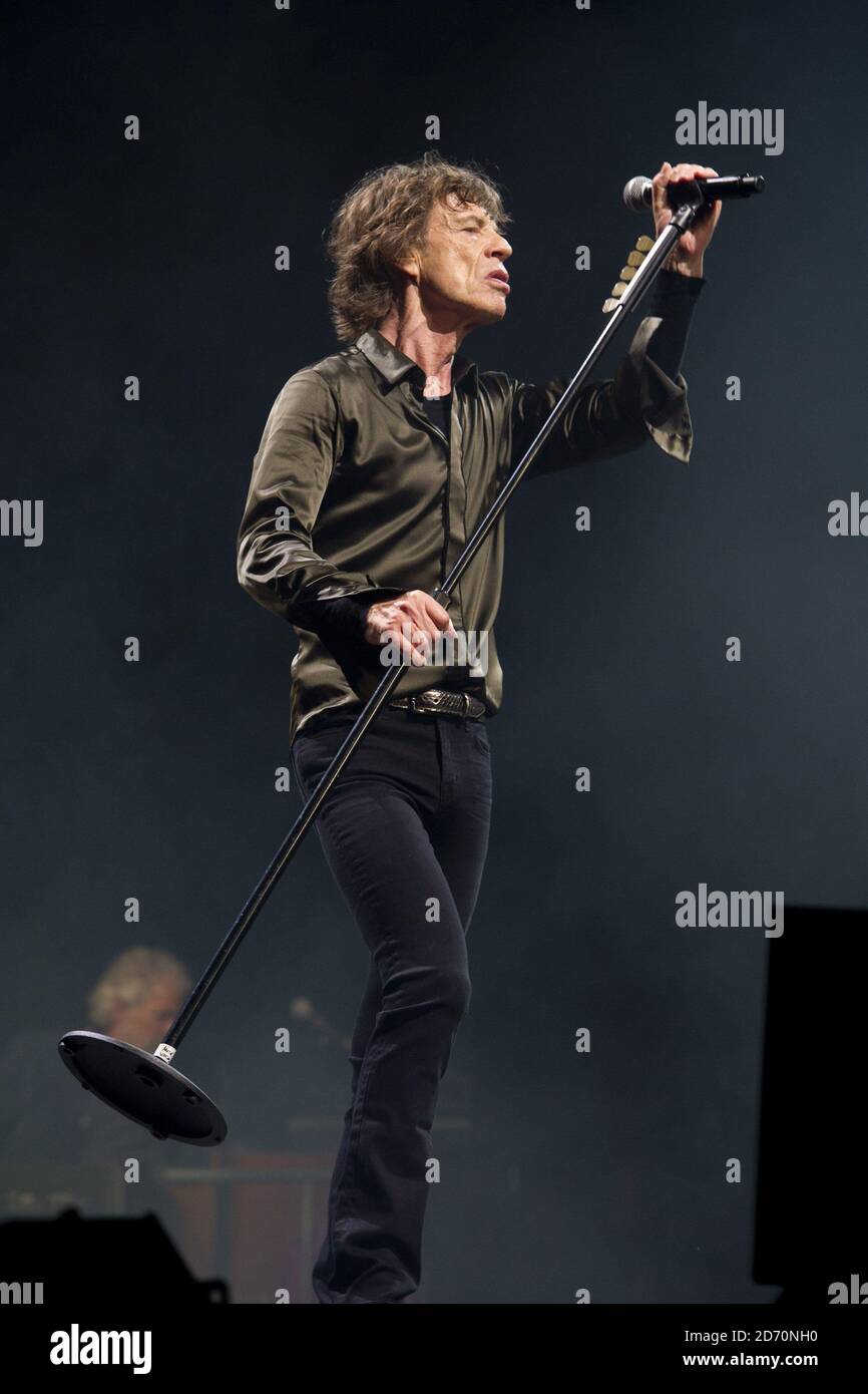 Mick Jagger of the Rolling Stones performing on the Pyramid stage at ...