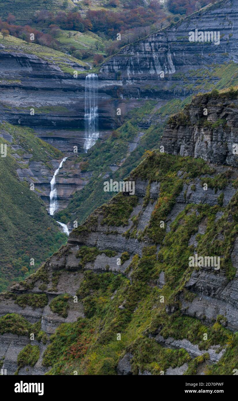 Autumn landscape at the San Miguel waterfall in the Angulo Valley of ...