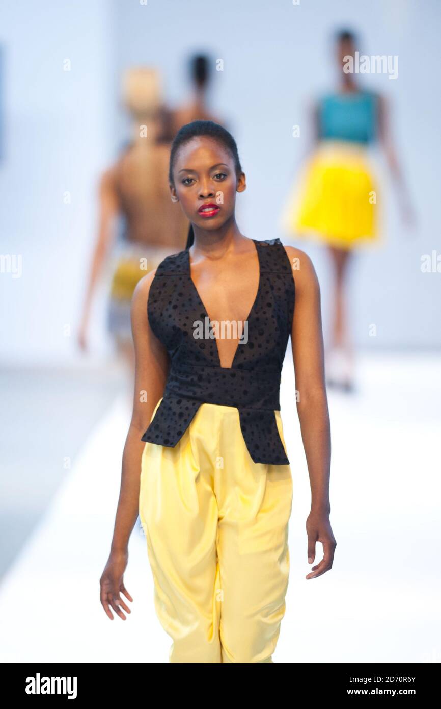 A model wears a design by Moofa at African Fashion Week London, a 3-day ...